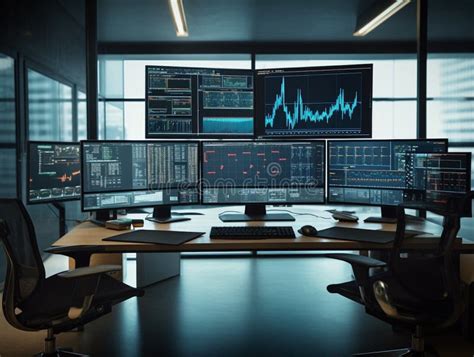 Ai Generated Office Space With Computer Monitors Placed On A Desk Stock Illustration