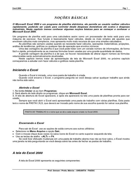Apostila De Excel 2000 Pdf Janela Informática Microsoft Excel