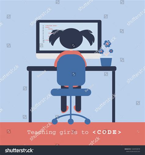 Girl Sitting Computer Learning Programming Girls Stock Vector Royalty Free 1260950878