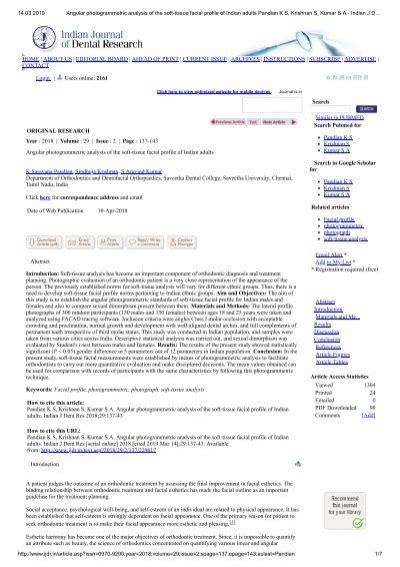 Angular Photogrammetric Analysis Of The Soft Tissue Facial Profile Of Indian Adults Pandian K S