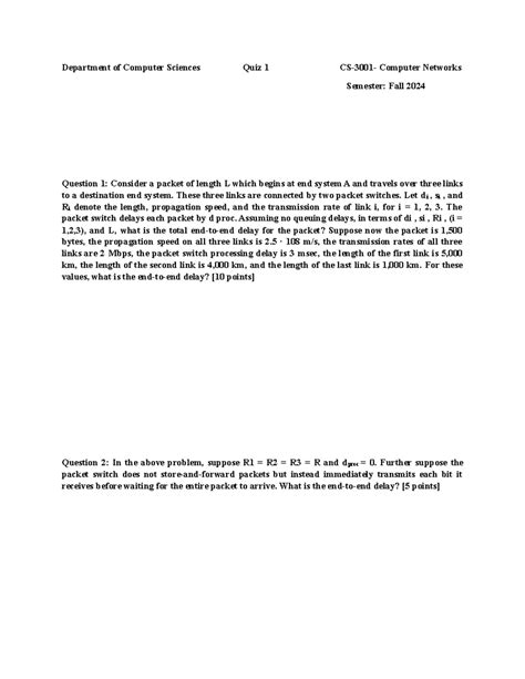 Quiz 01 Quiz Department Of Computer Sciences Quiz 1 Cs 3001 Computer Networks Semester