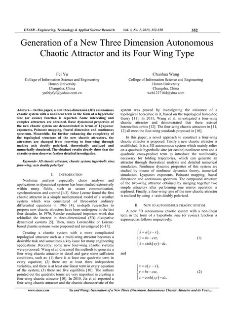 Pdf Generation Of A New Three Dimension Autonomous Chaotic Attractor And Its Four Wing Type