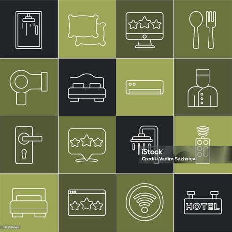 텍스트 호텔 리모컨 컨시어지 5성급 등급 리뷰 룸베드 헤어 드라이어 샤워실 및 에어컨 아이콘이 있는 세트 라인 간판 벡터 1위에 대한 스톡 벡터 아트 및 기타 이미지