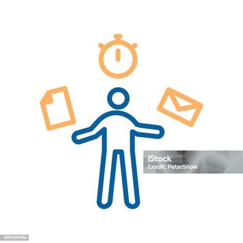 유행 선 진행 중인 작업 아이콘입니다 벡터 일러스트 레이 터는 사람이 멀티 태스킹 및 그의 작업을 수행 종이 파일 이메일 및 스톱 워치 기호 창의력과 아이디어 작업 시간에