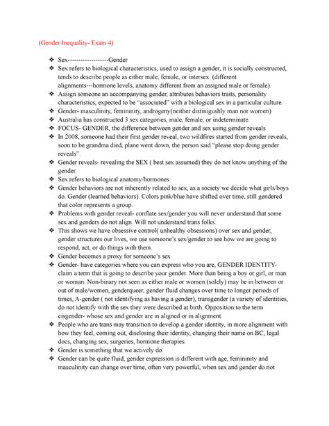 Exam IN Class Notes Gender Inequality Exam Sex Gender Sex Refers To Biological Studocu
