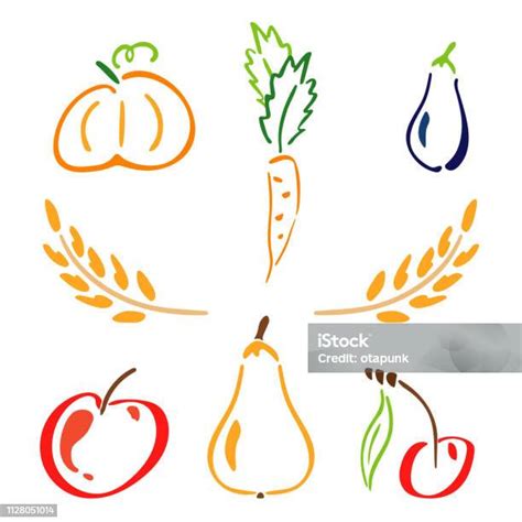 컬러 정원 아이콘 설정spikelet 호박 배 사과 체리 당근 호박 단순화 된 복고풍 그림입니다 유치 한 낙서 예술입니다 디자인