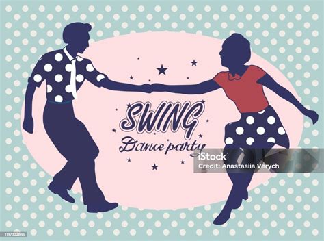 젊은 부부 춤 재즈 스윙 텍스트 댄스 파티와 수평 템플릿입니다 빈티지 벡터 스타일 1930 년대 1940 년대 1950 년대