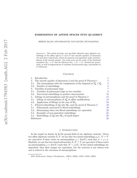 Pdf Embeddings Of Affine Spaces Into Quadrics
