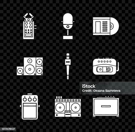마이크 세트 비닐 디스크 기타 페달 음악 재생 및 믹싱dj 리모컨 앰프 스테레오 스피커와 아이콘 벡터 Dj에 대한 스톡 벡터 아트 및 기타 이미지 Istock