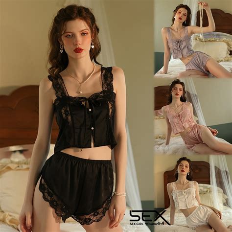 Sex Girl ชุดนอนผ้าซาติน เซ็กซี่ เซ็ตชุดนอน เซ็ตเสื้อกางเกง สายรัดหลัง