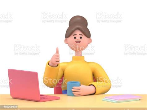 웃는 여자 안젤라의 3d 일러스트 레이 션 직장에서 컴퓨터에서 일하는 행복하고 활기찬 여성3d 흰색 배경으로 렌더링 가공의 인물에 대한 스톡 사진 및 기타 이미지 Istock
