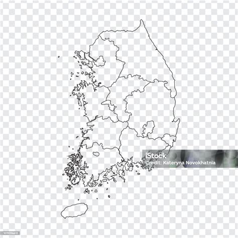 빈 지도 한국입니다 고품질 웹 사이트 디자인 로고 Ui 애플 리 케이 션에 대 한 투명 한 배경에 지방으로 대한민국의 지도 재고 벡터입니다 벡터 그림 Eps10입니다 0명에