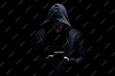 Premium Photo Hacker Using Smartphone Men In Black Clothes With Hidden Face Looks At