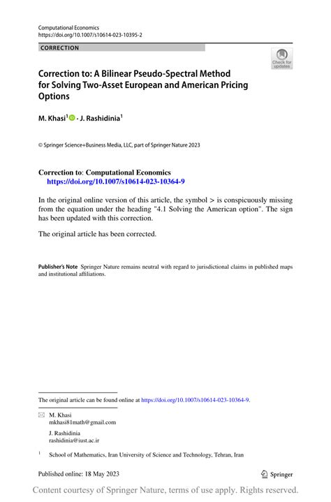 Correction To A Bilinear Pseudo‑spectral Method For Solving Two‑asset European And American