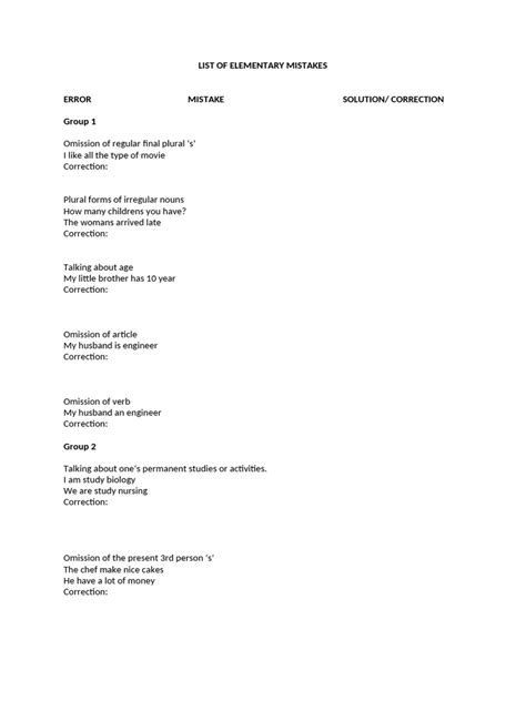 Error Analysis Class Exercise In Groups Pdf Verb Languages