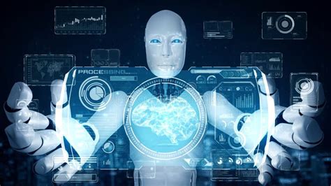 Ai Hominoid Robot Holding Virtual Hologram Screen Showing Concept Of Ai