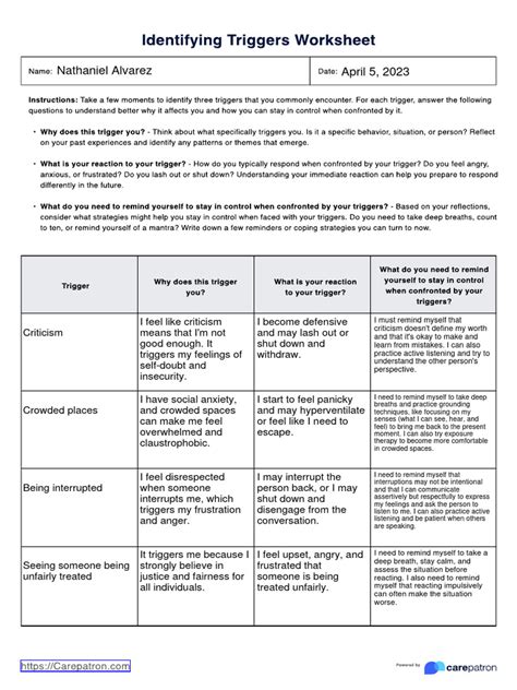 Identifying Triggers Worksheet Sample Pdf Anxiety Emotions