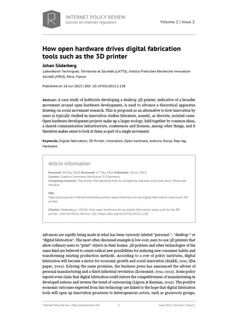 How Open Hardware Drives Digital Fabrication Tools Such As The 3d Printer Johan Söderberg Pdf