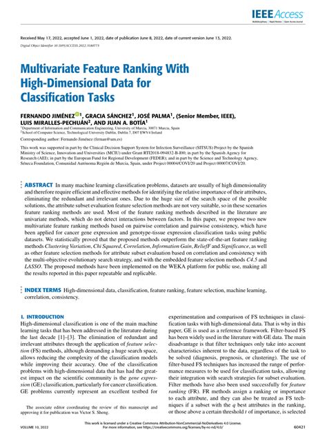 Pdf Multivariate Feature Ranking With High Dimensional Data For Classification Tasks