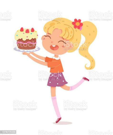 생일 축하 케이크와 함께 파티에서 축하하는 소녀 귀여운 아이가 재미 벡터 일러스트를 가지고있다 흰색 배경에 고립 된 이벤트에서 접시와 함께 웃고 점프하는 어린 소녀 소녀에