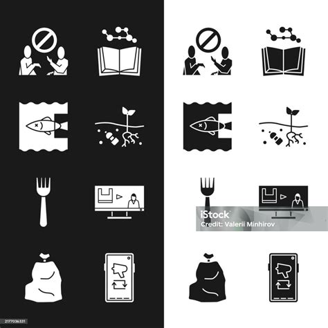 오염 행성 문제 설정 해양 플라스틱 중지 열린 책 일회용 포크 메가폰 모바일 및 쓰레기 봉투 아이콘 벡터 0명에 대한 스톡 벡터 아트 및 기타 이미지 Istock