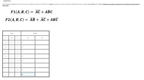Solved Question 1 Given The Below Boolean Functions Fill