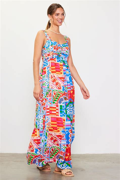 Blue Multi Color Abstract Print Tiered Maxi Dress Pinkblush