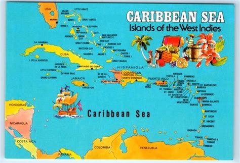 Caribbean Sea Illustrated Map West Indies 4x6 Postcard Ebay