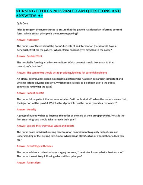 Nursing Ethics 2023 2024 Exam Questions And Answers A Exams Nursing Docsity