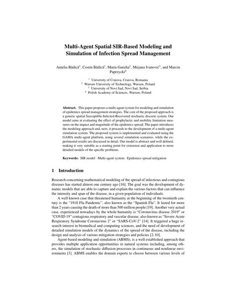 Pdf Multi Agent Spatial Sir Based Modeling And Simulation Of