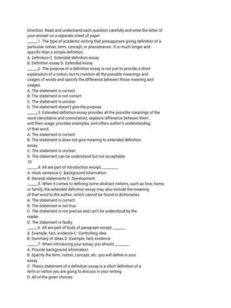 Direction Read And Understand Each Question Carefully And Write The Letter Of Pdf