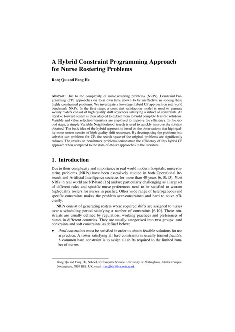 Pdf A Hybrid Constraint Programming Approach For Nurse Rostering Problems