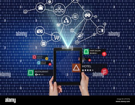 Network Of Digital Icons Over Hand Holding Digital Tablet Against