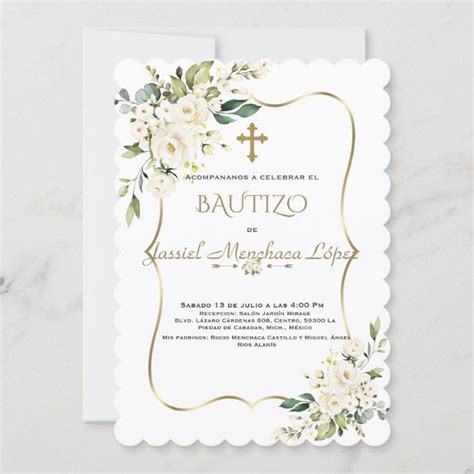 Invitaciones Doradas Padrinos Bautizo Con Flores Invitación Dorada