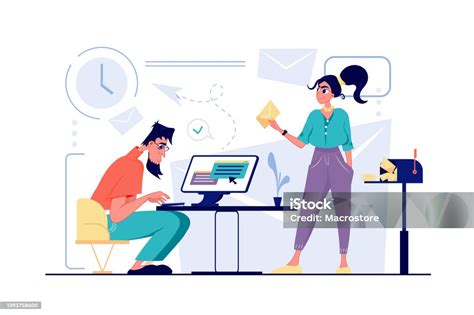 플랫 만화 디자인의 이메일 서비스 개념 남자와 여자는 개인 및 비즈니스 편지를 보내고 광고 우편물 앱 또는 프로그램에서 메시지를 보냅니다 웹용 인물 장면이 있는 벡터