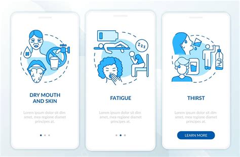Mobile App Screen Blue Onboarding Page Displaying Dehydration Symptoms Vector Symptom Blue