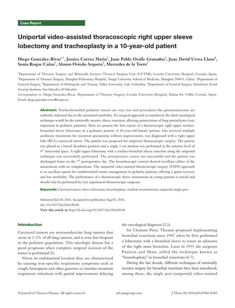 Pdf Uniportal Video Assisted Thoracoscopic Right Upper Sleeve Lobectomy And Tracheoplasty In A