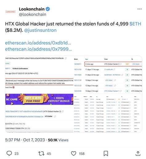 Hacker Returns Stolen 4999 Eth Worth 82 Million To Htx Advises System Security Updates