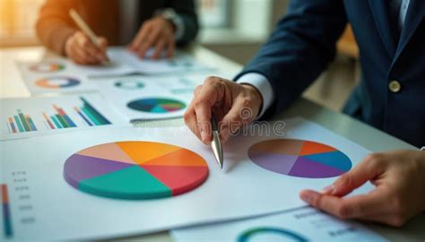 Business People Review Colorful Pie Charts During Presentation In Modern Office Data Analysis