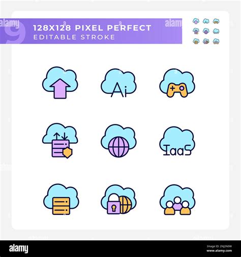 Cloud Based Service For Data Processing Pixel Perfect RGB Color Icons Set Stock Vector Image