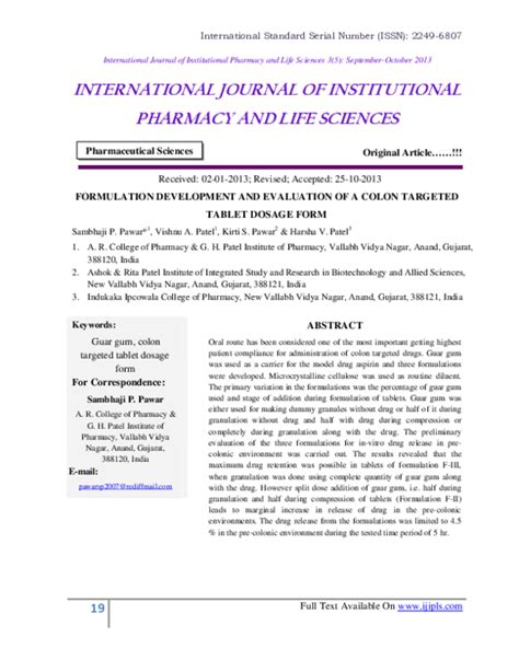 Pdf Formulation Development And Evaluation Of A Colon Targeted Tablet Dosage Form