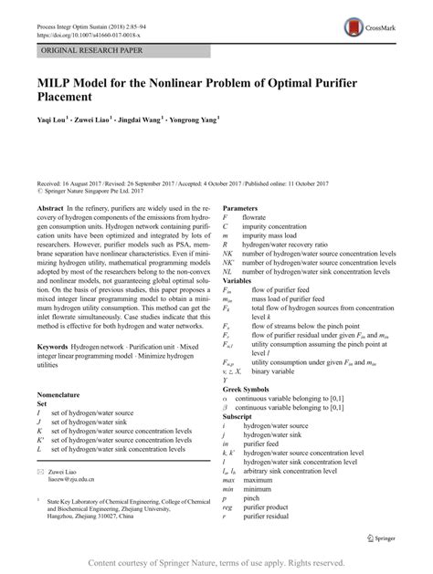 Milp Model For The Nonlinear Problem Of Optimal Purifier Placement Request Pdf