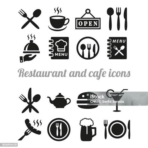 흰색 배경에 레스토랑과 카페 아이콘이 설정되어 있습니다 건강한 식생활에 대한 스톡 벡터 아트 및 기타 이미지 건강한 식생활 검은색 그릇 Istock