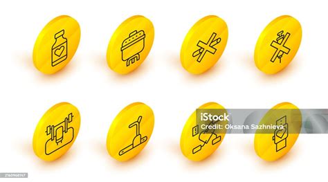 세트 라인 스마트 시계 건강 심장에 대한 관심 러닝 머신 바벨이있는 벤치 도핑 주사기 없음 흡연 요리 냄비 및 비타민 알약 아이콘 벡터 3차원 형태에 대한 스톡 벡터 아트