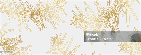 럭셔리 골드 로즈마리 배경입니다 유기농 허브 패턴 열대 라인 아트 스타일로 요리 초대 벽 예술 벽지 및 인쇄를 제공합니다 벡터 일러스트 레이 션 건강한 생활방식에 대한 스톡