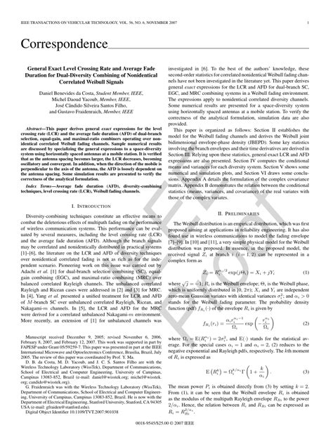 Pdf General Exact Level Crossing Rate And Average Fade Duration For Dual Diversity Combining