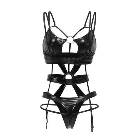 Fashion Summer Plus Size For Women Black Matal Ring Leather Bodysuit