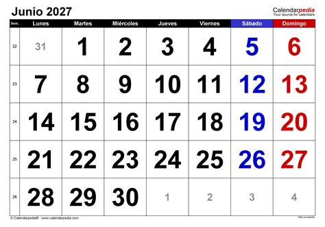 Calendario Junio 2027 En Pdf Excel Y Word Calendarpedia
