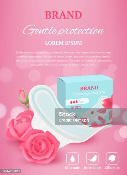 숙녀 탐폰 광고 여성 위생 제품 광고 플래카드 부드러운 신선한 패드 또는 탐폰 매일 편안한 위생 활동 벡터 현실적인 생활필수품에 대한 스톡 벡터 아트 및 기타 이미지