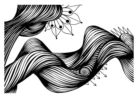 추상 흑백 라인 아트 배경 꽃 패턴으로 파도 착시 손으로 그린 벡터 낙서 그림 그래픽 스케치 격리 된 디자인 요소 프리미엄 벡터